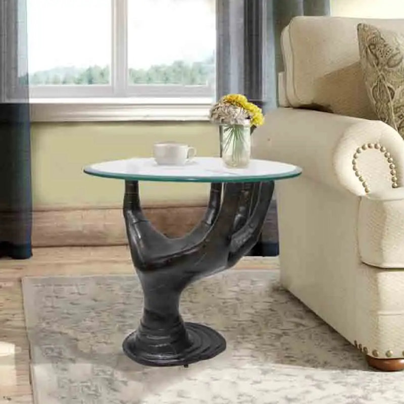 Designe Gallerie Cherone Glass Top End Table with Hand Shaped Metal Base 23.5x23.5x21 Wayfair